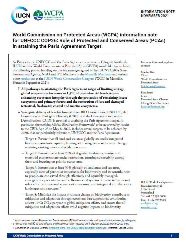 Protected Areas and Climate Change Information Note for UNFCCC COP 26 ...